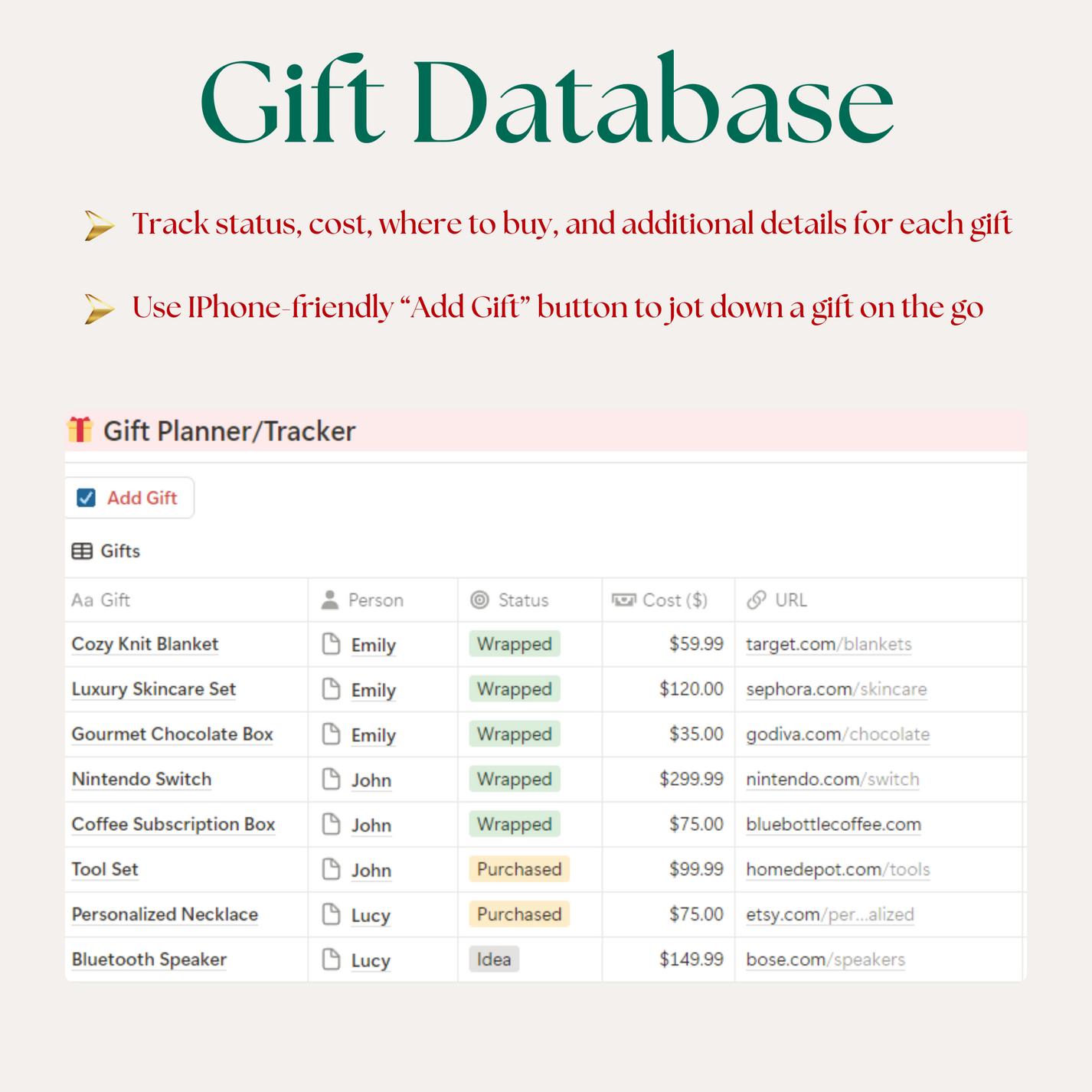 Simple Gift Tracker - Holiday Shopping Organizer | Jeremy Notion